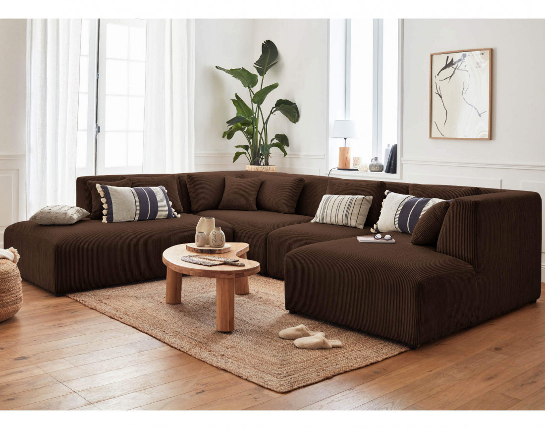 Canapé modulable panoramique d'angle gauche 7 places en velours côtelé ...