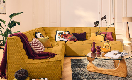 Canapé modulable d'angle réversible 5 places en velours texturé Ellie